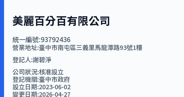 美麗百分百有限公司的照片-統編 93792436(臺中市) 公司登記資料與營業項目詳細圖表