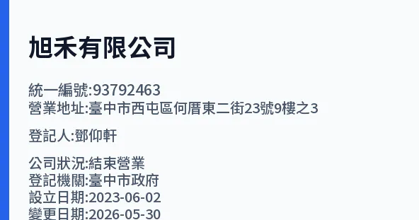旭禾有限公司的照片-統編 93792463(臺中市) 公司登記資料與營業項目詳細圖表