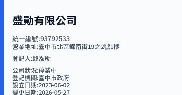 盛勛有限公司的照片-統編 93792533(臺中市) 公司登記資料與營業項目詳細圖表