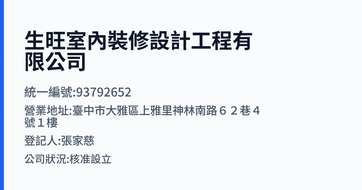 生旺室內裝修設計工程有限公司 - 統編 93792652(臺中市) 公司登記資料與營業項目詳細圖表