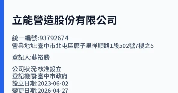 立能營造股份有限公司的照片-統編 93792674(臺中市) 公司登記資料與營業項目詳細圖表