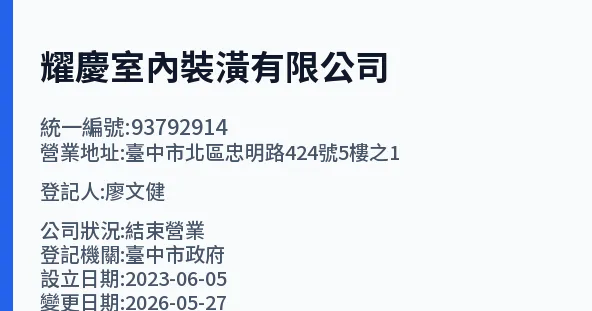 耀慶室內裝潢有限公司的照片-統編 93792914(臺中市) 公司登記資料與營業項目詳細圖表