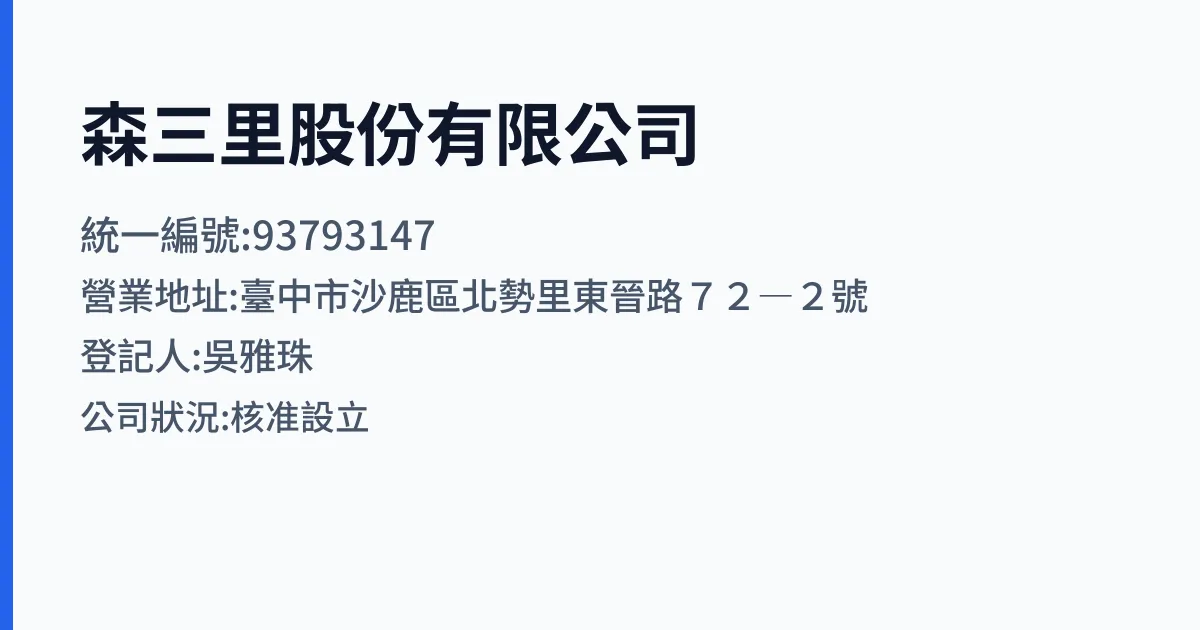 森三里股份有限公司 - 統編 93793147(臺中市) 公司登記資料與營業項目詳細圖表