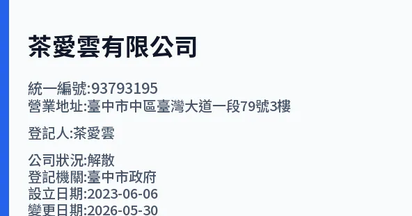 茶愛雲有限公司的照片-統編 93793195(臺中市) 公司登記資料與營業項目詳細圖表