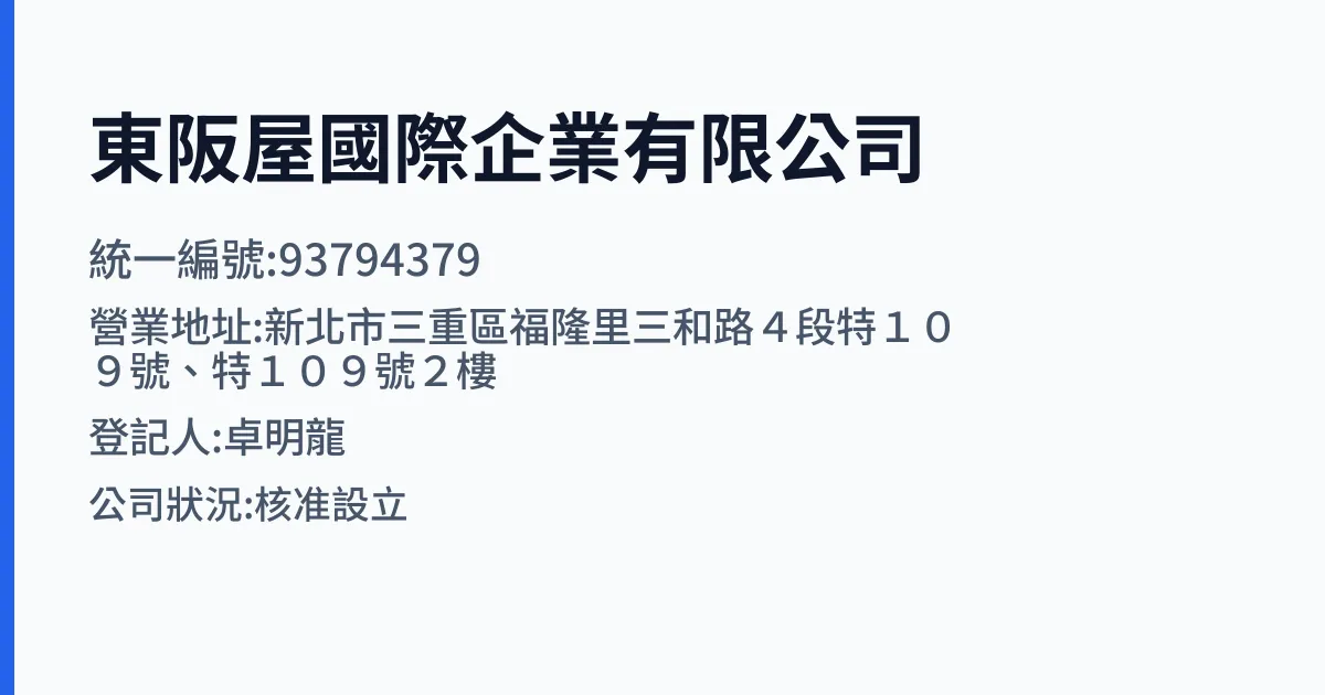 東阪屋國際企業有限公司 - 統編 93794379(新北市) 公司登記資料與營業項目詳細圖表