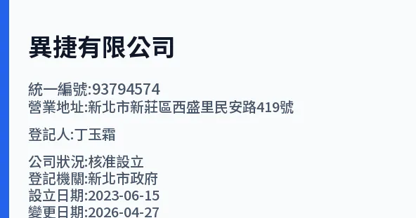 異捷有限公司的照片-統編 93794574(新北市) 公司登記資料與營業項目詳細圖表