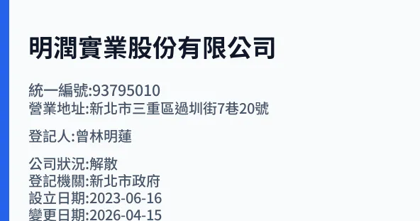 明潤實業股份有限公司的照片-統編 93795010(新北市) 公司登記資料與營業項目詳細圖表