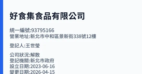 好食集食品有限公司的照片-統編 93795166(新北市) 公司登記資料與營業項目詳細圖表