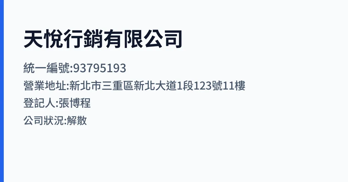 天悅行銷有限公司 - 統編 93795193(新北市) 公司登記資料與營業項目詳細圖表