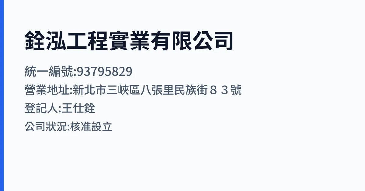 銓泓工程實業有限公司 - 統編 93795829(新北市) 公司登記資料與營業項目詳細圖表