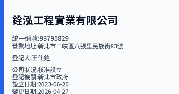 銓泓工程實業有限公司的照片-統編 93795829(新北市) 公司登記資料與營業項目詳細圖表