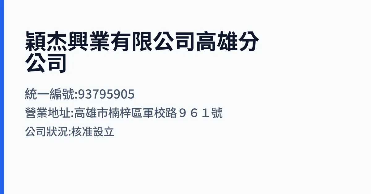 穎杰興業有限公司高雄分公司 - 統編 93795905(高雄市) 公司登記資料與營業項目詳細圖表