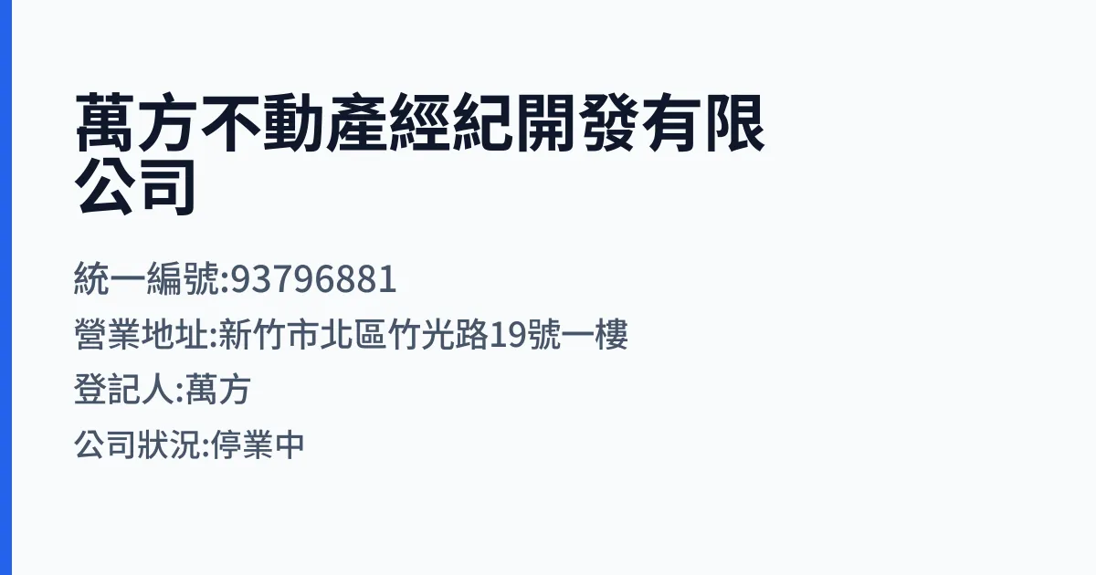 萬方不動產經紀開發有限公司 - 統編 93796881(新竹市) 公司登記資料與營業項目詳細圖表