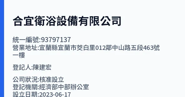 合宜衛浴設備有限公司的照片-統編 93797137(宜蘭縣) 公司登記資料與營業項目詳細圖表