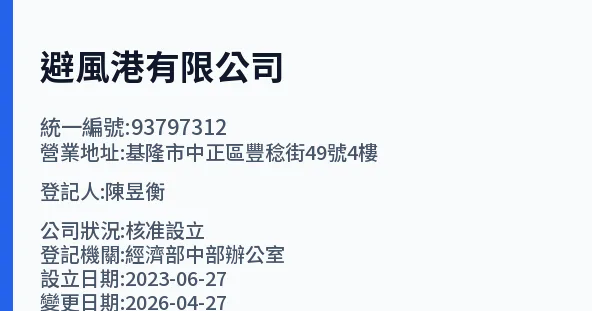 避風港有限公司的照片-統編 93797312(基隆市) 公司登記資料與營業項目詳細圖表