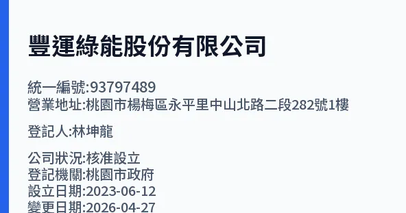 豐運綠能股份有限公司的照片-統編 93797489(桃園市) 公司登記資料與營業項目詳細圖表