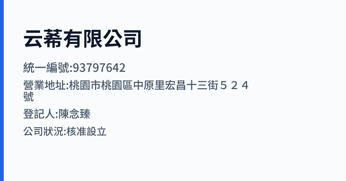 云莃有限公司 - 統編 93797642(桃園市) 公司登記資料與營業項目詳細圖表