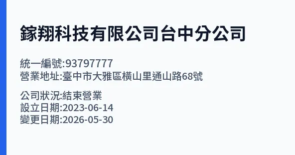 鎵翔科技有限公司台中分公司的照片-統編 93797777(臺中市) 公司登記資料與營業項目詳細圖表
