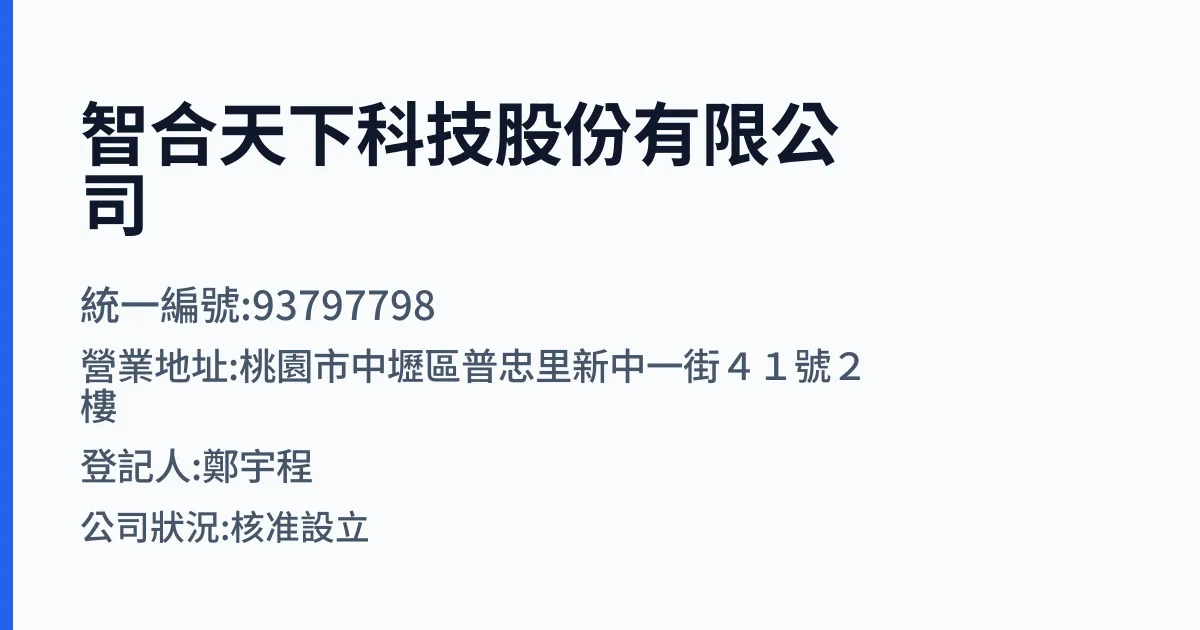 智合天下科技股份有限公司 - 統編 93797798(桃園市) 公司登記資料與營業項目詳細圖表
