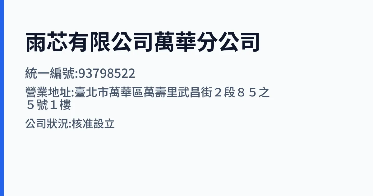 雨芯有限公司萬華分公司 - 統編 93798522(臺北市) 公司登記資料與營業項目詳細圖表