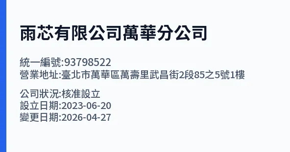 雨芯有限公司萬華分公司的照片-統編 93798522(臺北市) 公司登記資料與營業項目詳細圖表