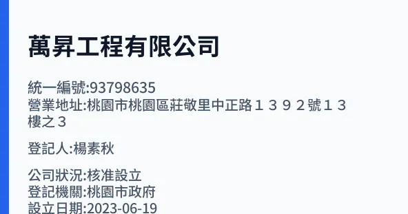 萬昇工程有限公司的照片-統編 93798635(桃園市) 公司登記資料與營業項目詳細圖表
