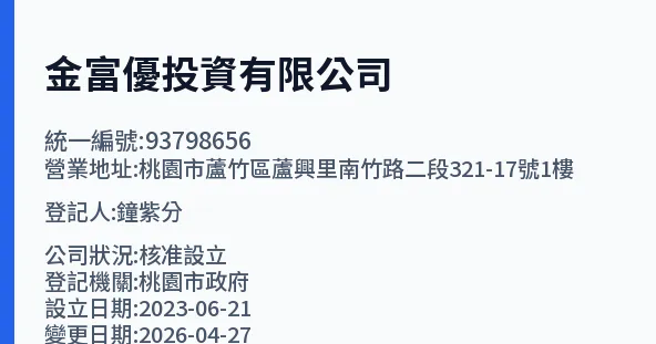 金富優投資有限公司的照片-統編 93798656(桃園市) 公司登記資料與營業項目詳細圖表