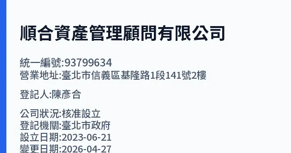 順合資產管理顧問有限公司的照片-統編 93799634(臺北市) 公司登記資料與營業項目詳細圖表