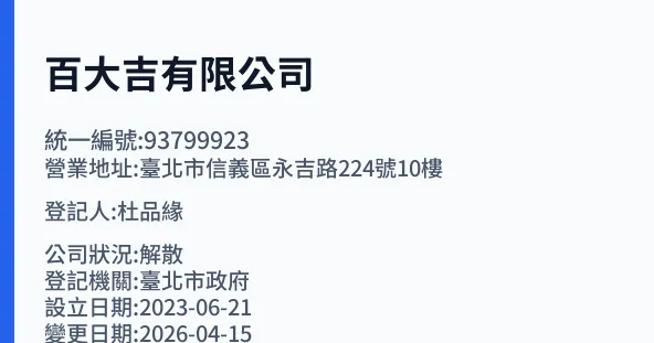 百大吉有限公司的照片-統編 93799923(臺北市) 公司登記資料與營業項目詳細圖表