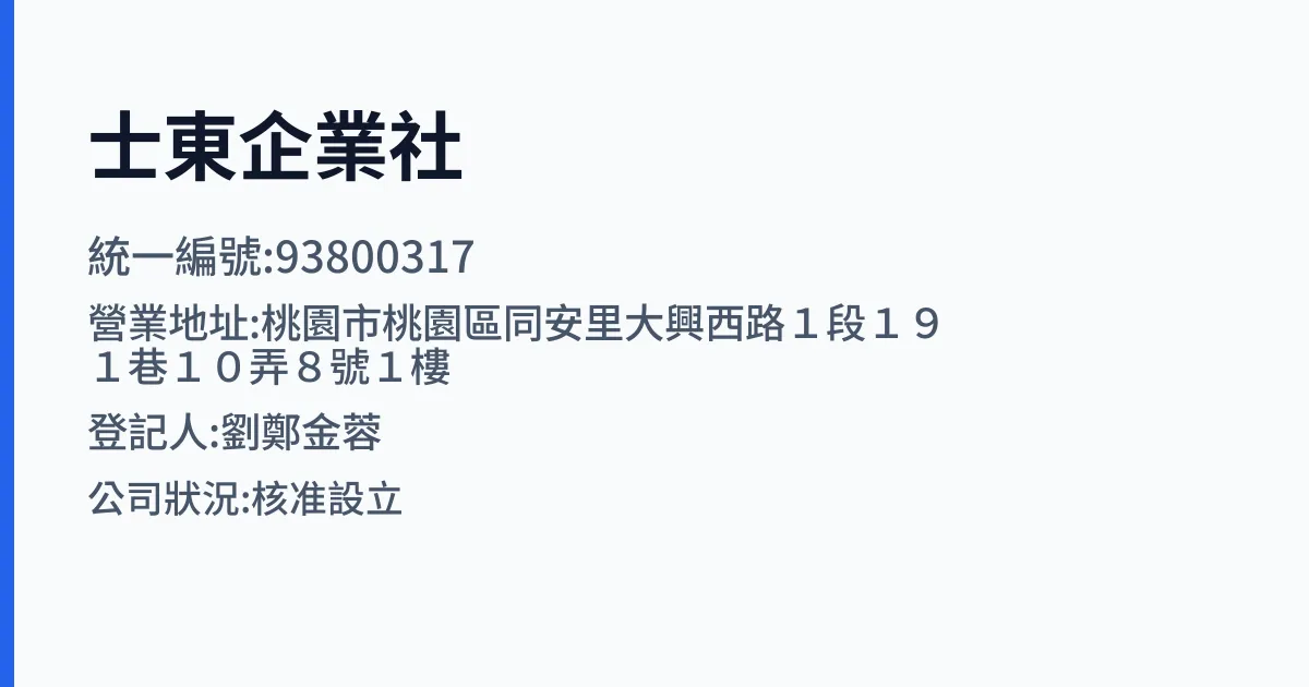士東企業社 - 統編 93800317(桃園市) 公司登記資料與營業項目詳細圖表