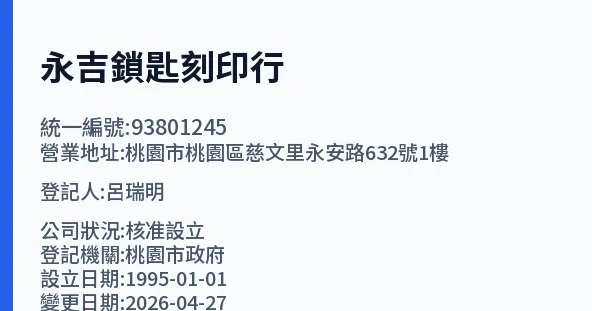 永吉鎖匙刻印行的照片-統編 93801245(桃園市) 公司登記資料與營業項目詳細圖表