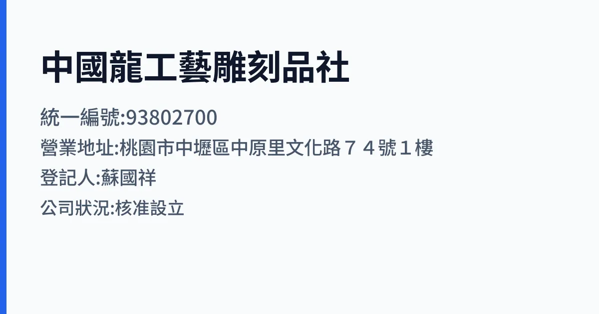 中國龍工藝雕刻品社 - 統編 93802700(桃園市) 公司登記資料與營業項目詳細圖表