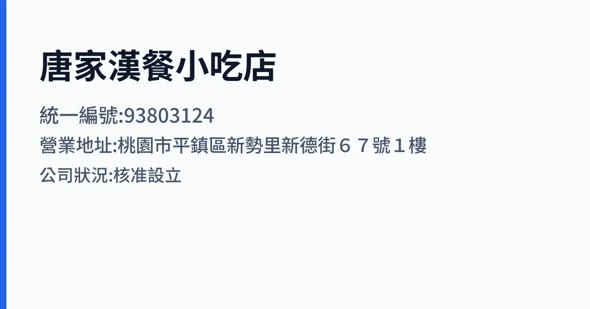 唐家漢餐小吃店 - 統編 93803124(桃園市) 公司登記資料與營業項目詳細圖表
