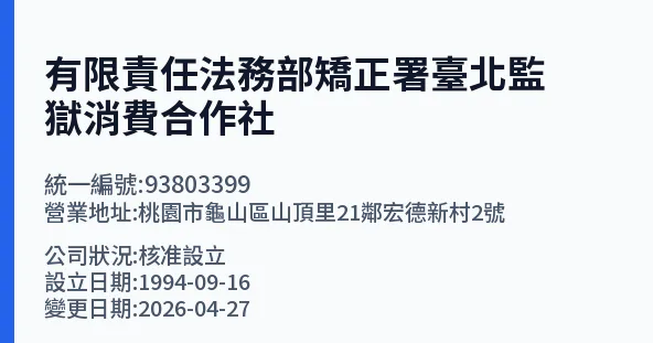 有限責任法務部矯正署臺北監獄消費合作社的照片-統編 93803399(桃園市) 公司登記資料與營業項目詳細圖表