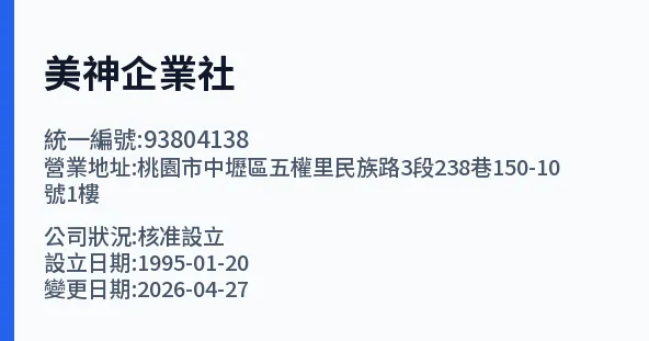 美神企業社的照片-統編 93804138(桃園市) 公司登記資料與營業項目詳細圖表