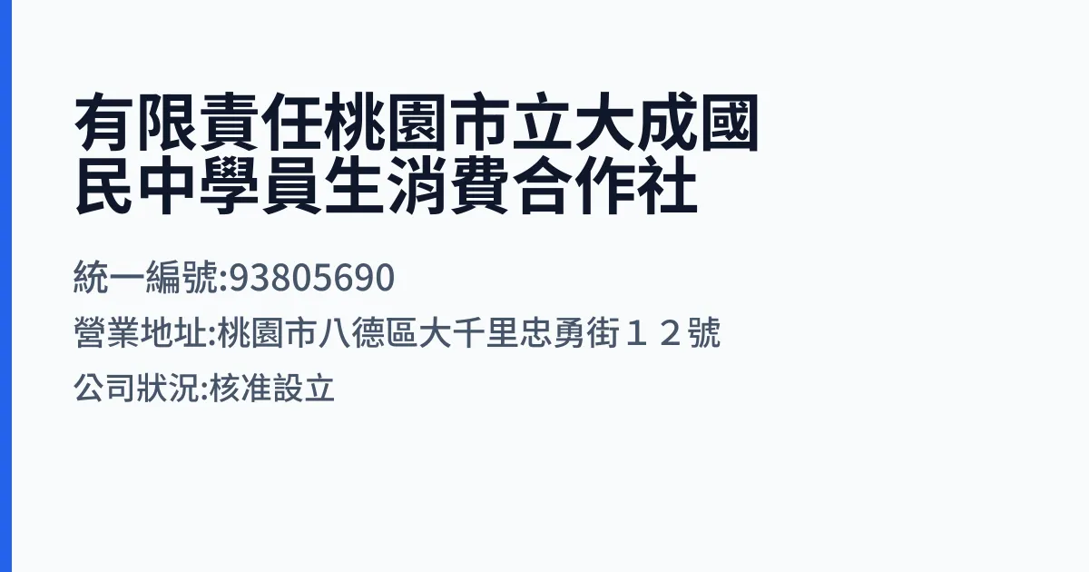有限責任桃園市立大成國民中學員生消費合作社 - 統編 93805690(桃園市) 公司登記資料與營業項目詳細圖表