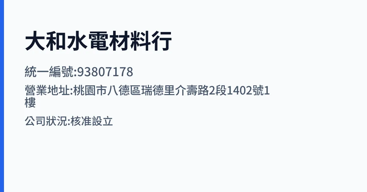 大和水電材料行 - 統編 93807178(桃園市) 公司登記資料與營業項目詳細圖表
