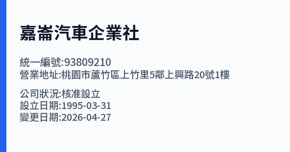 嘉崙汽車企業社的照片-統編 93809210(桃園市) 公司登記資料與營業項目詳細圖表