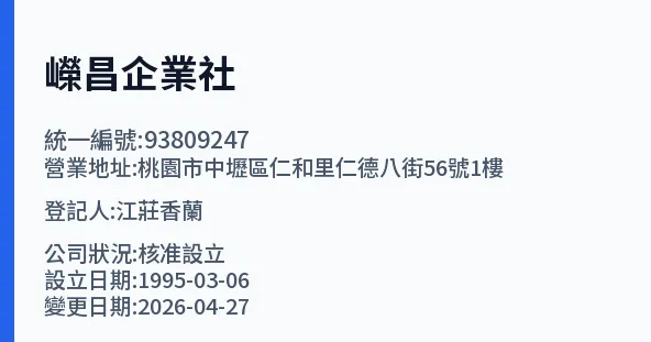 嶸昌企業社的照片-統編 93809247(桃園市) 公司登記資料與營業項目詳細圖表
