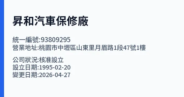 昇和汽車保修廠的照片-統編 93809295(桃園市) 公司登記資料與營業項目詳細圖表