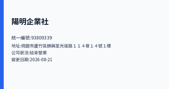 陽明企業社的照片-統編 93809339(桃園市) 公司登記資料與營業項目詳細圖表