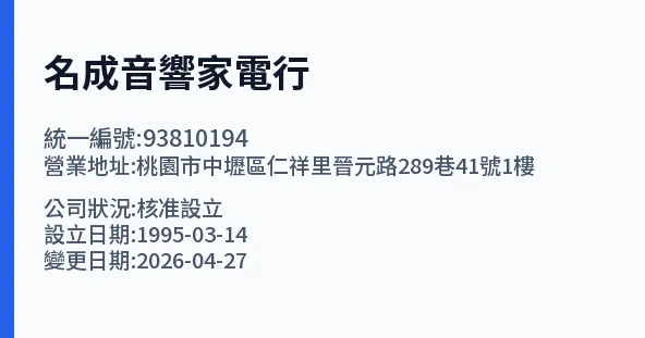 名成音響家電行的照片-統編 93810194(桃園市) 公司登記資料與營業項目詳細圖表