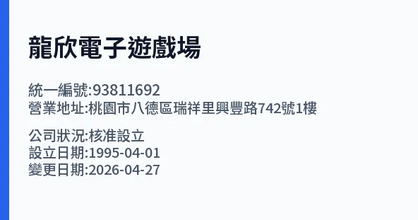 龍欣電子遊戲場的照片-統編 93811692(桃園市) 公司登記資料與營業項目詳細圖表