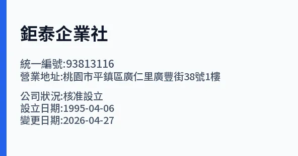 鉅泰企業社的照片-統編 93813116(桃園市) 公司登記資料與營業項目詳細圖表