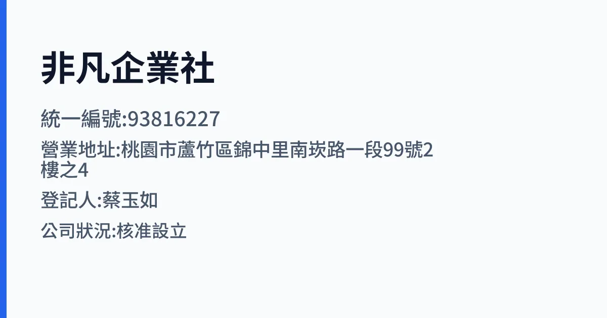 非凡企業社 - 統編 93816227(桃園市) 公司登記資料與營業項目詳細圖表