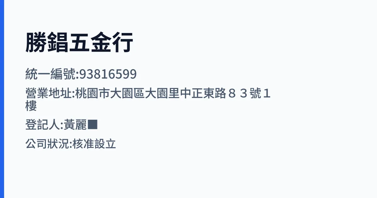 勝錩五金行 - 統編 93816599(桃園市) 公司登記資料與營業項目詳細圖表