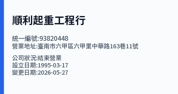 順利起重工程行的照片-統編 93820448(臺南市) 公司登記資料與營業項目詳細圖表