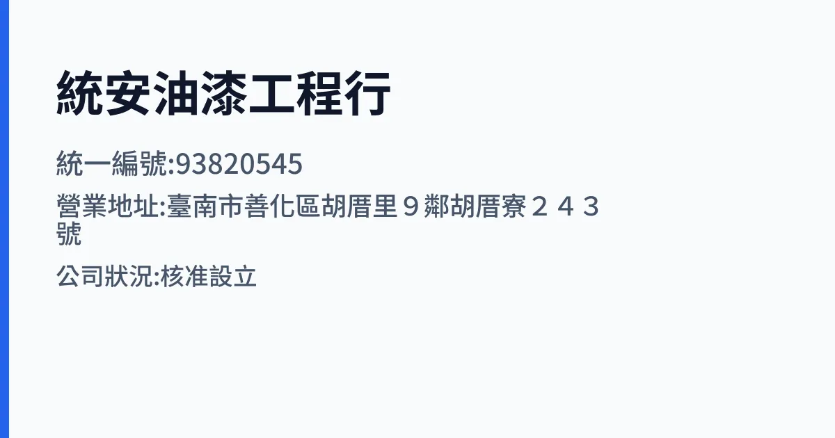 統安油漆工程行 - 統編 93820545(臺南市) 公司登記資料與營業項目詳細圖表