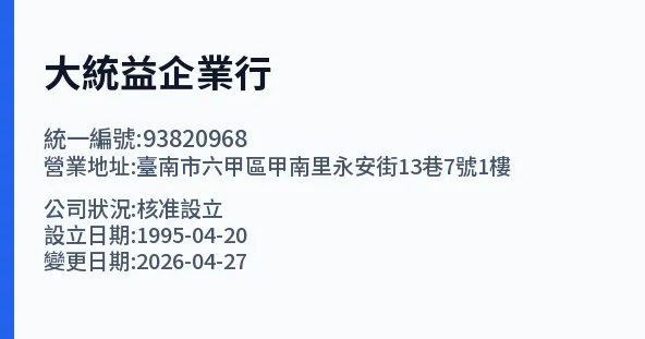 大統益企業行的照片-統編 93820968(臺南市) 公司登記資料與營業項目詳細圖表