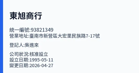 東旭商行的照片-統編 93821349(臺南市) 公司登記資料與營業項目詳細圖表
